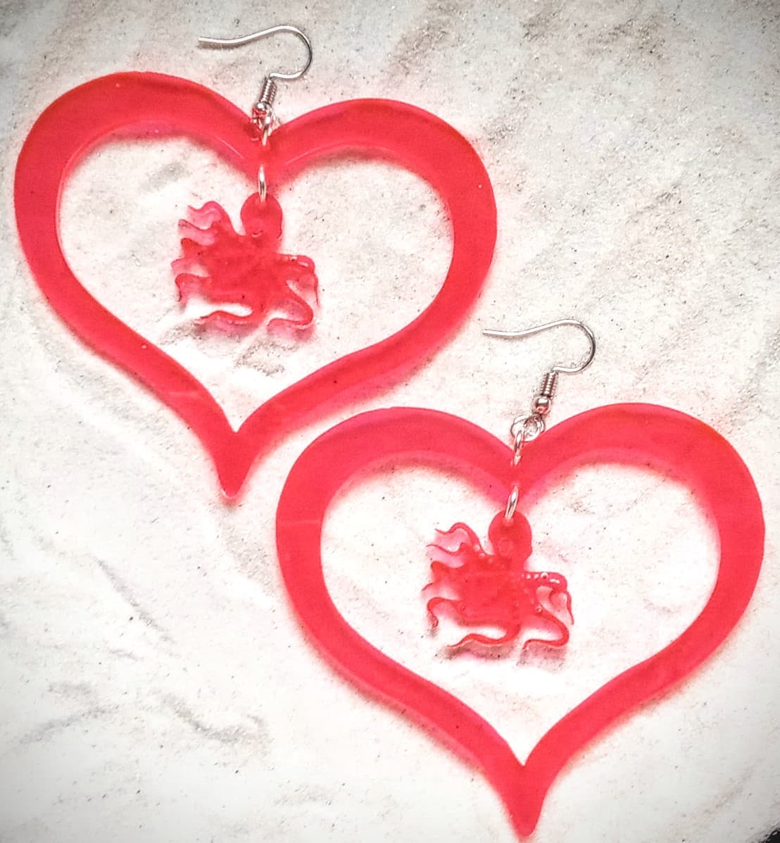 Earrings - Heart and Octopus - Blacklight Reactive Acrylic Variables ...